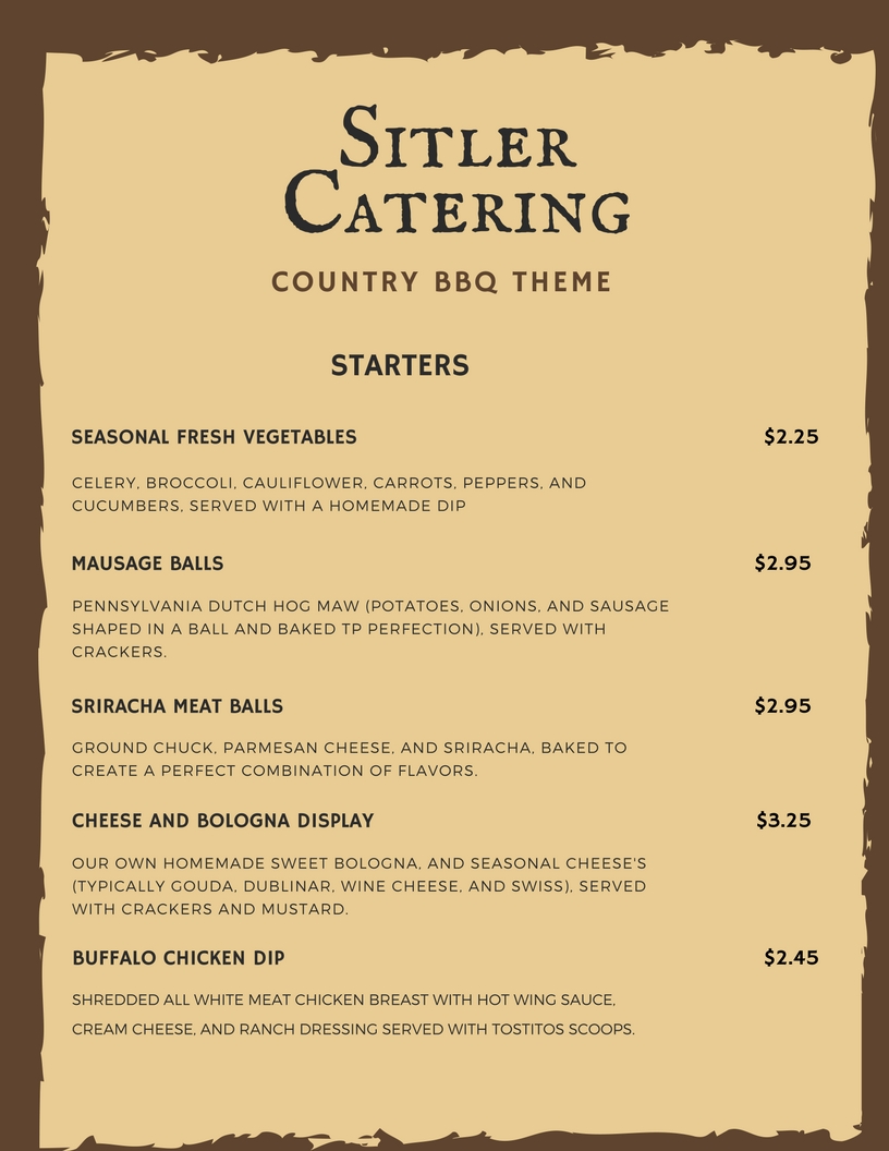 Country BBQ Menu – Sitler's Catering & the Kilted Griller